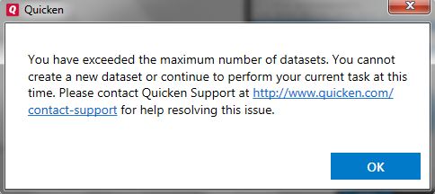 Error: You have exceeded the maximum number of datasets | Quicken